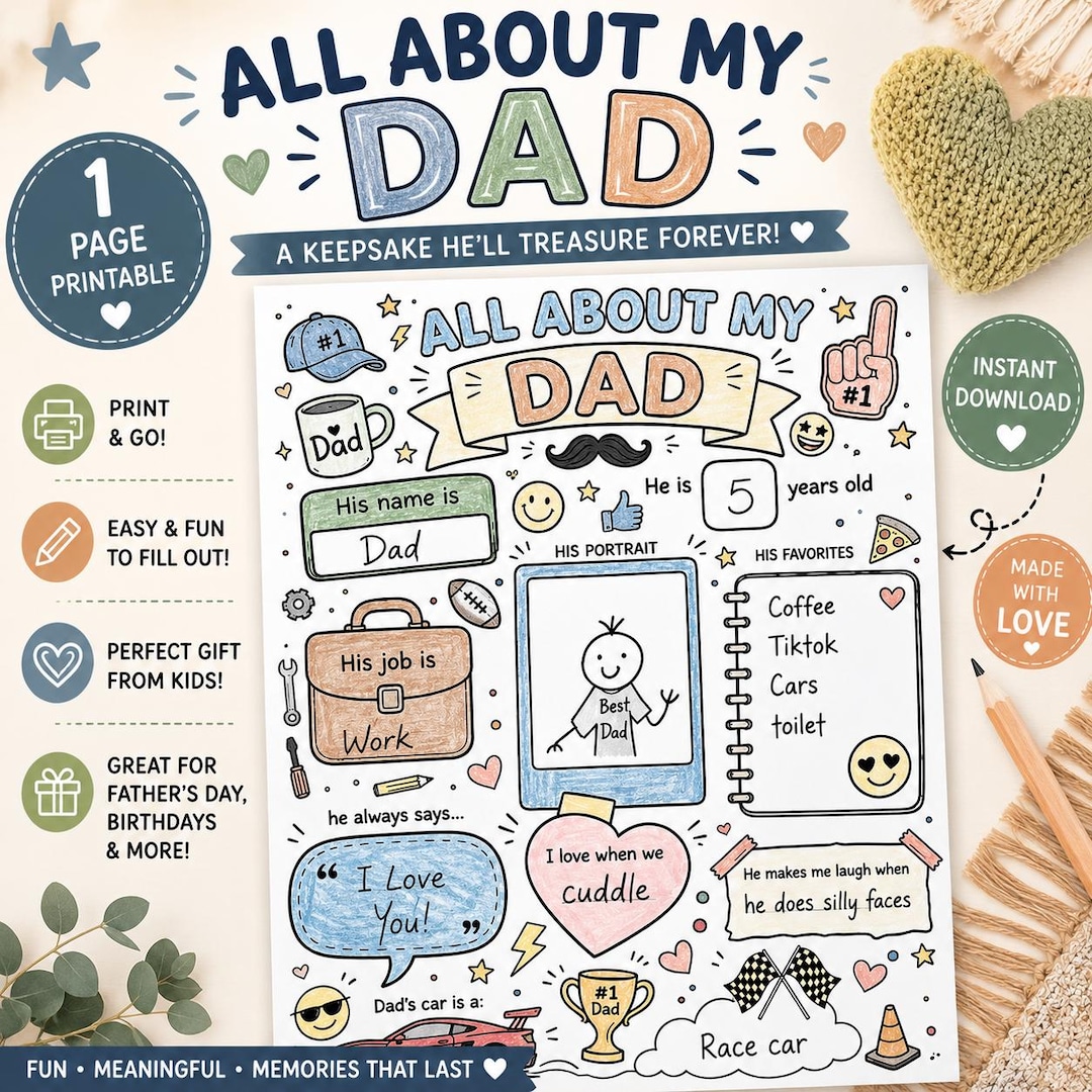 All About Dad Printable, Kids Activity Worksheet, Father's Day Keepsake ...