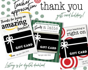 Teacher Appreciation Gift Card Holder PRINTABLE Thank You INSTANT ...