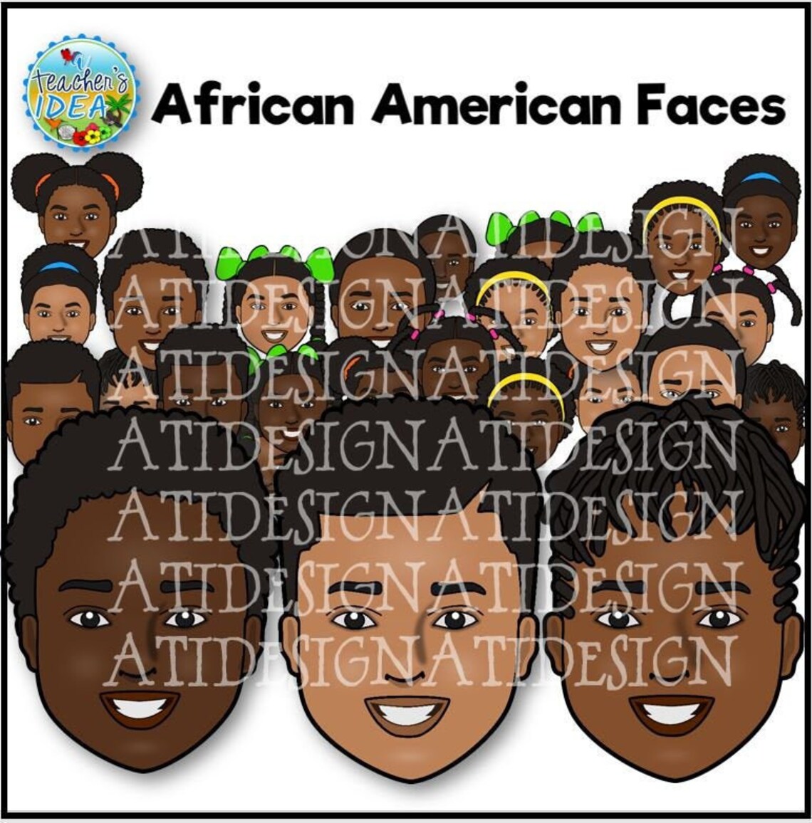 African American Kids Faces Clipart digital Vector Girl, Boy, Face ...