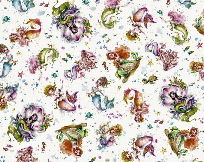 Enchanted Seas Mermaid Tossed Mermaids Print Fabric P&B Textiles ...