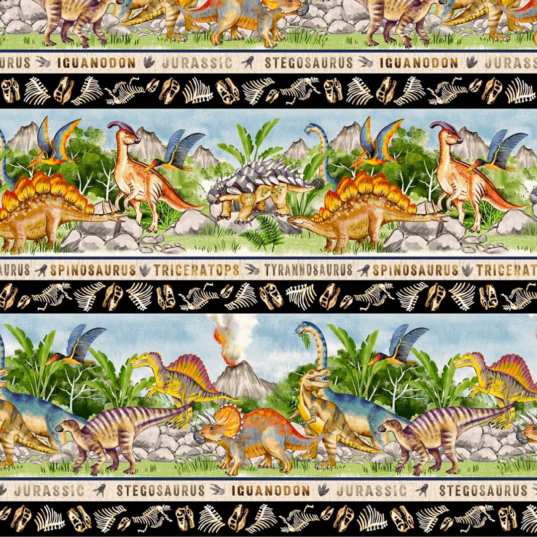 Multi Dinosaur Parade Stripe Fabric Michael Miller DCX11145-MULT Cotton ...