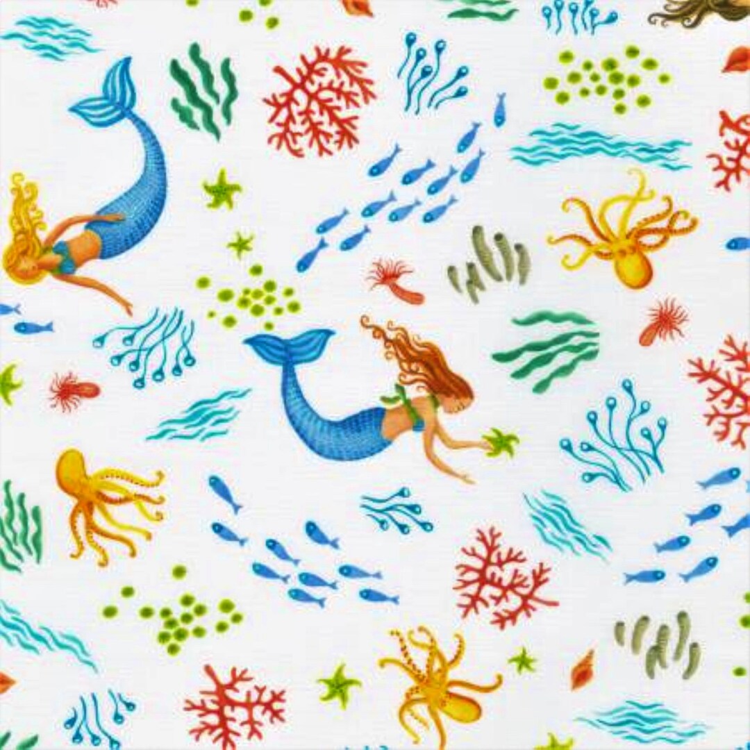 Once Upon a Mermaid Swimming Mermaids Fabric, Cotton Fabric, Quilting ...