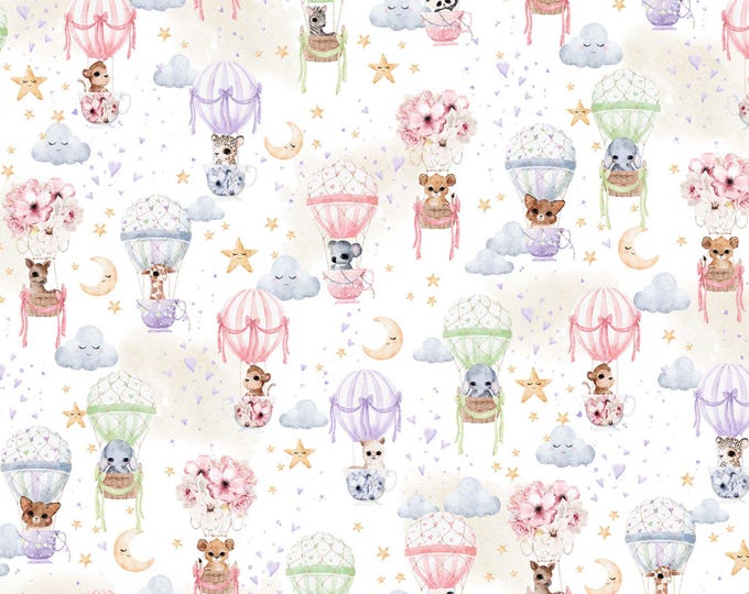 Animal Babies White Hot Air Balloons Print Fabric - DDC11625-WHIT ...