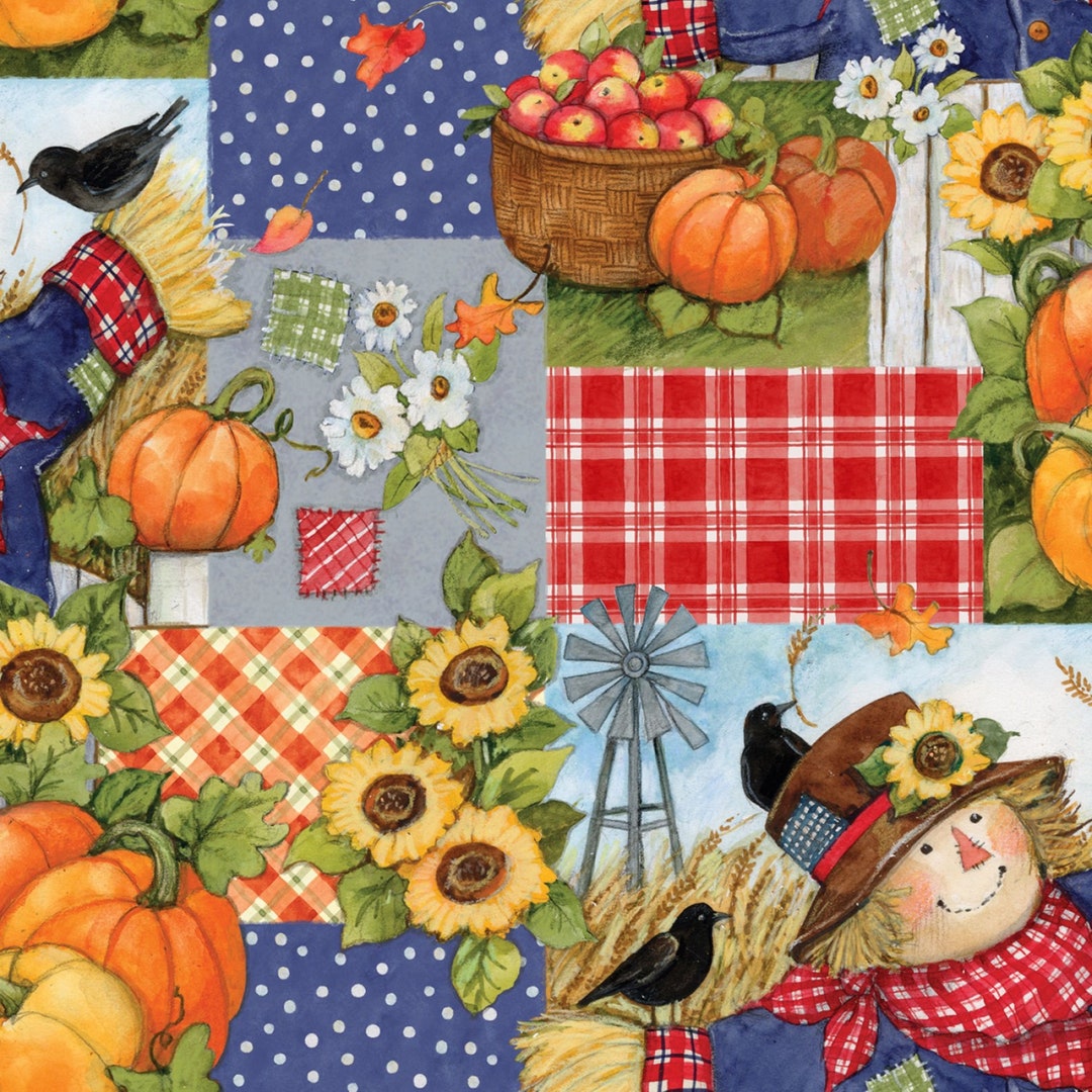 Scarecrow Patchwork Fabric, Overall Print Patchwork Fabric in Fall ...