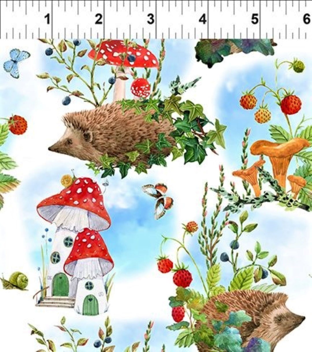 Hedgehog Hollow Hedgehogs and Mushrooms Print Fabric, Overall Print ...