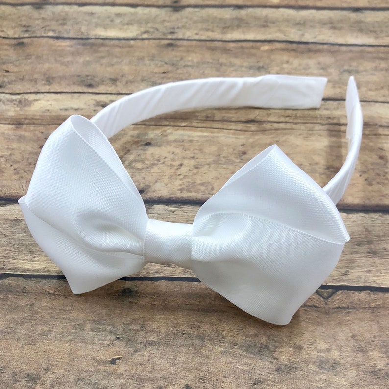 White Satin Bow on Hard Headband Large White Bow Ribbon - Etsy