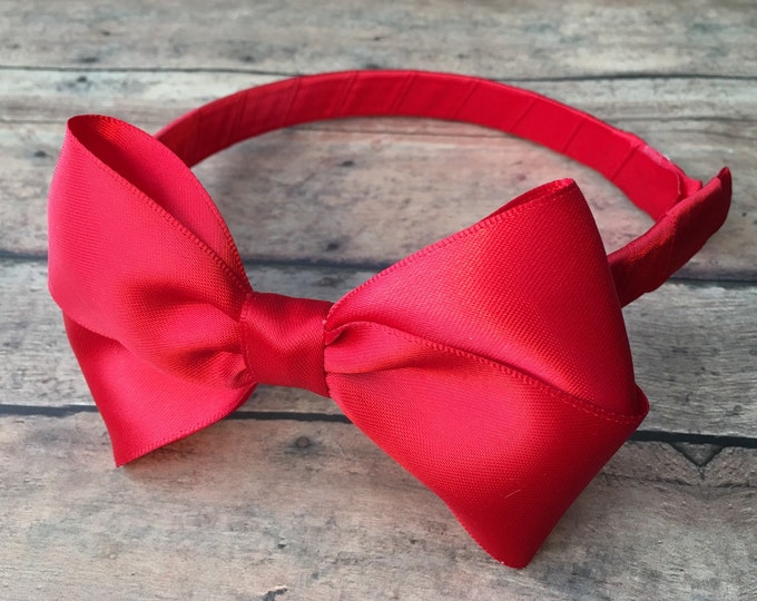 Red Satin Bow on Hard Headband, Large Red Bow, Ribbon Wrapped Headband ...