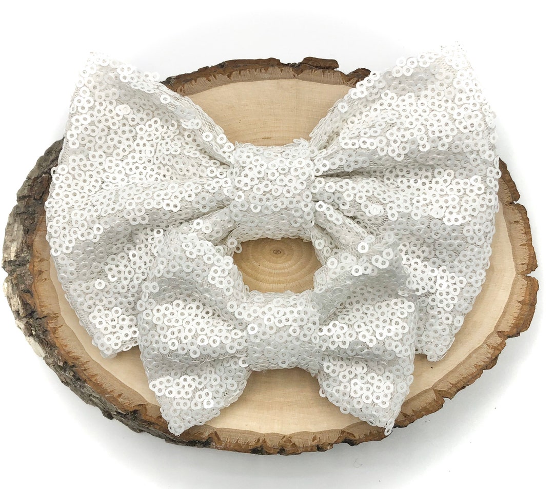 White Sequin Bow, Sequin Hair Bow, White Hair Bow, White Sparkle Bow ...