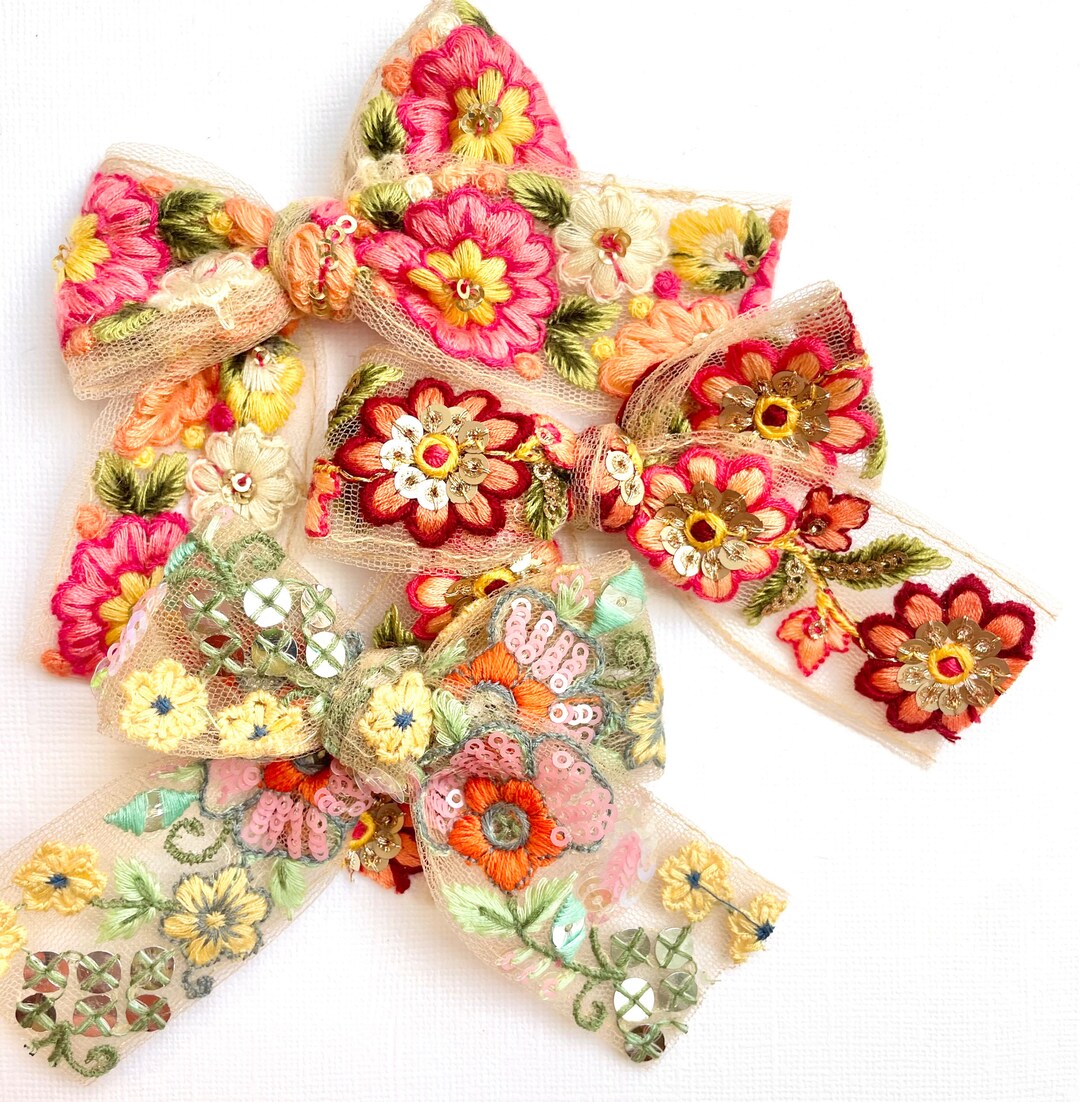 Floral Embroidered Bow, You Choose 1! | Sequin Lace Bow, Schoolgirl Bow ...