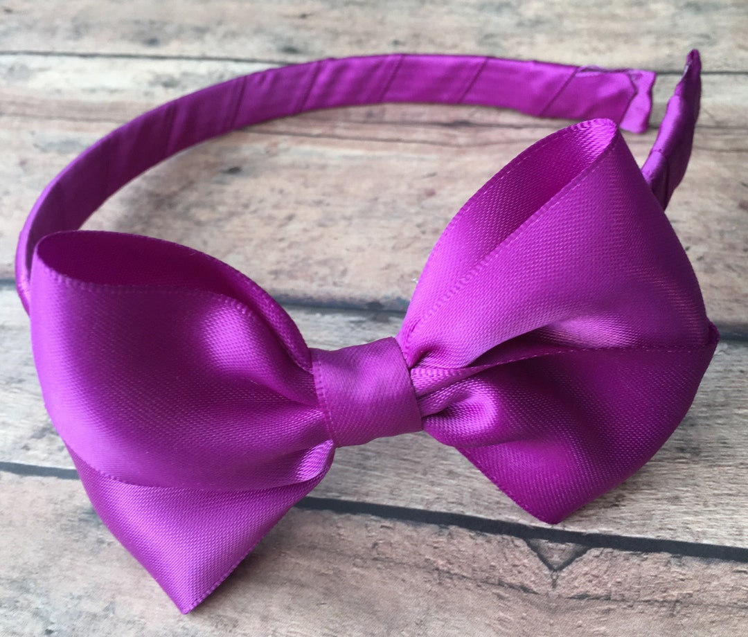 Violet Satin Bow on Hard Headband, Large Purple Bow, Ribbon Wrapped ...