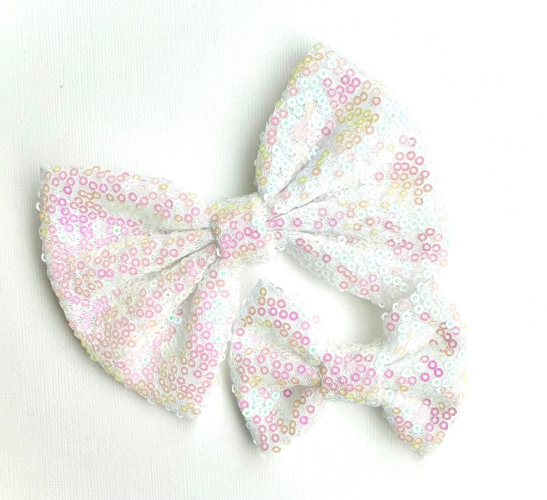 Opal White Sequin Bow, Iridescent Sequin Hair Bow, Festive Holiday Bow ...
