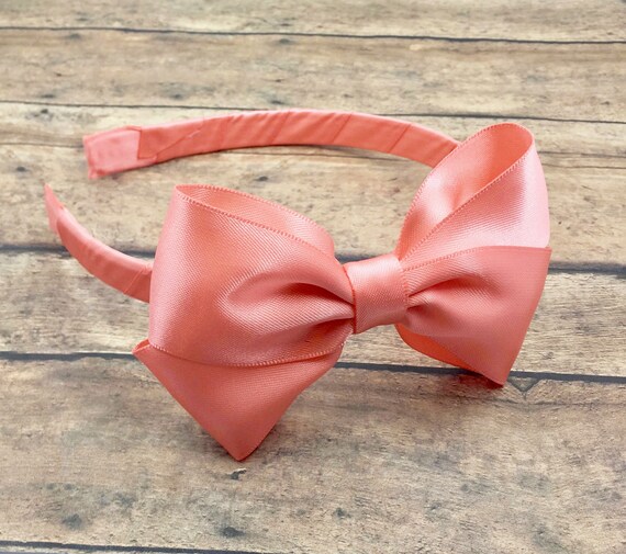 Coral Satin Bow on Hard Headband Large Coral Bow Ribbon | Etsy