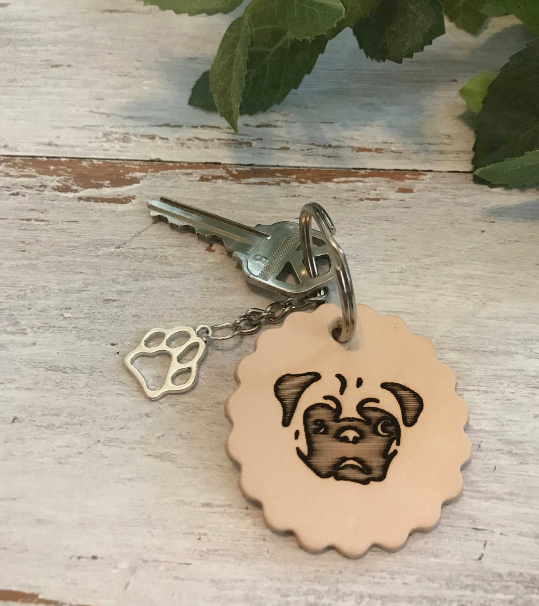 Pug Face Leather Keyring, Pug Face Leather Keychain, Pug Keychain ...