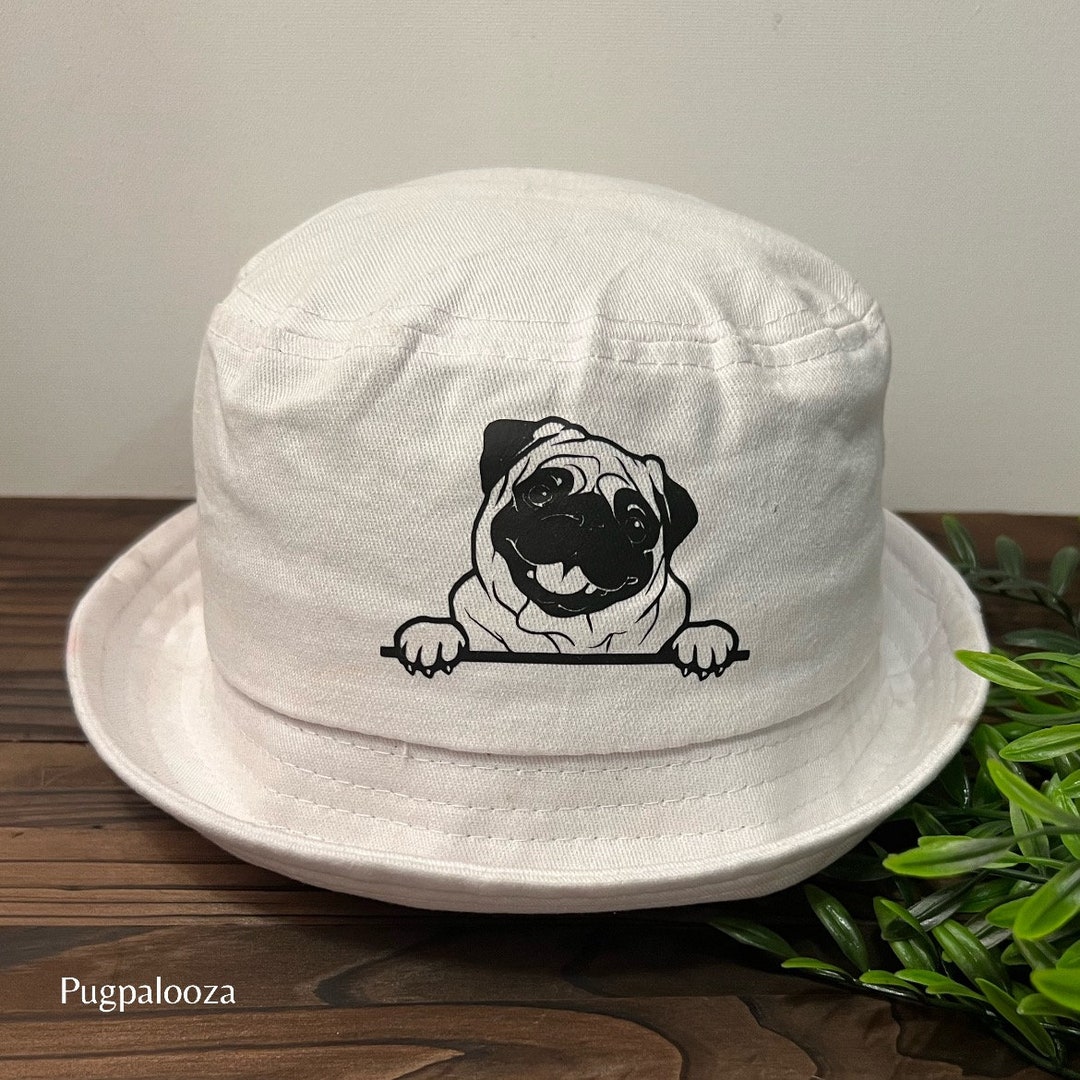 Peeking Pug Bucket Hat, Pug Bucket Hat, White Cotton Pet Hat, Dog Mom ...