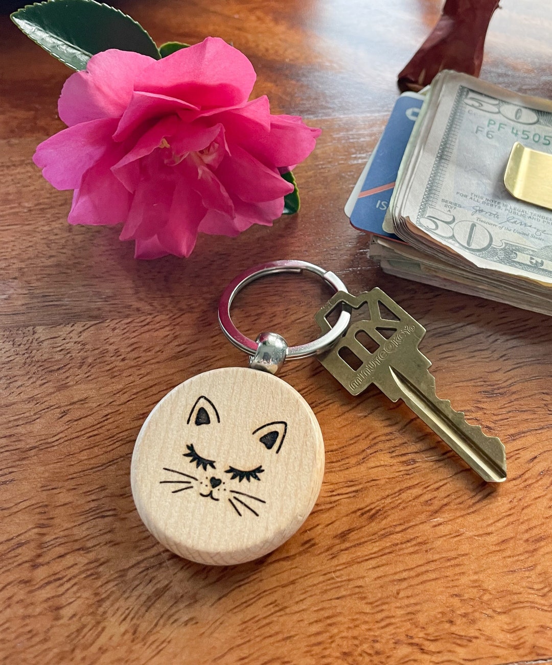 Sweet Sleeping Cat Face Keyring, Cat Keyring, Cat Keychain, Cat Wood ...