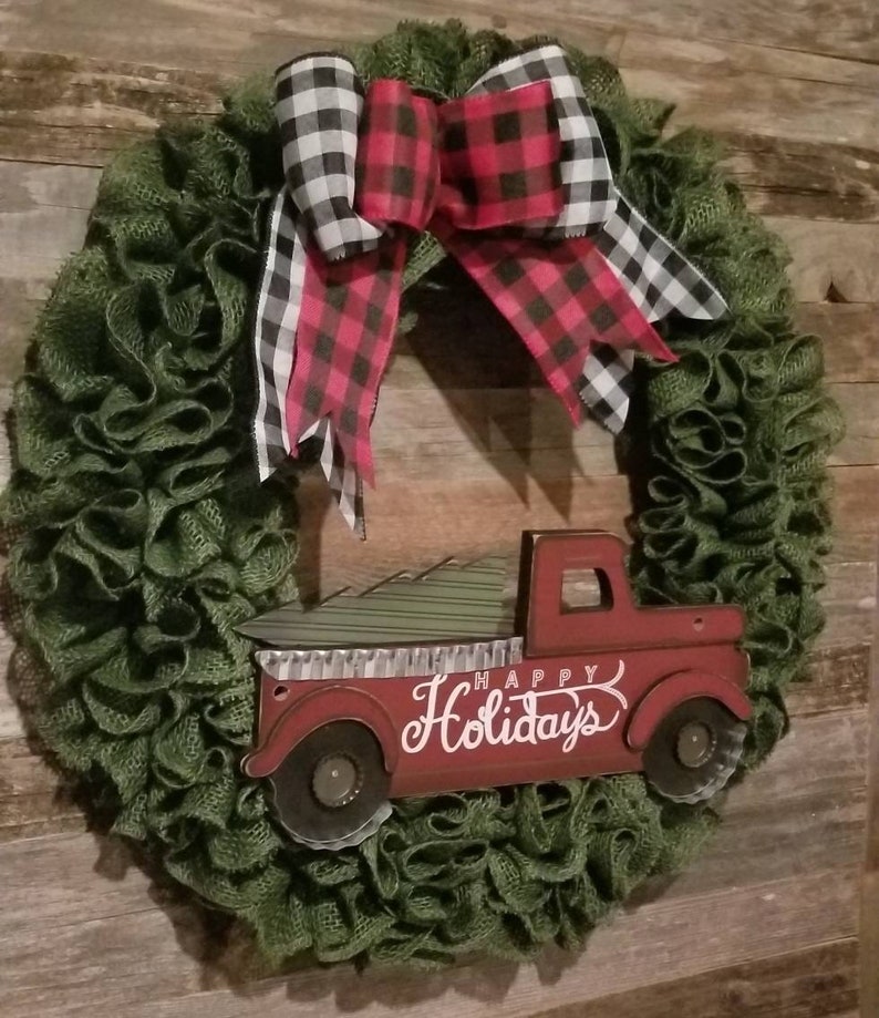 Red Truck Burlap Wreath With Buffalo Plaid Bow Christmas Etsy