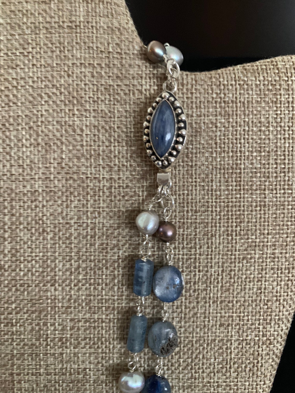 2 Strands of Blue Oval Kyanite, Tube Kyanite, Grey Freshwater Pearls ...