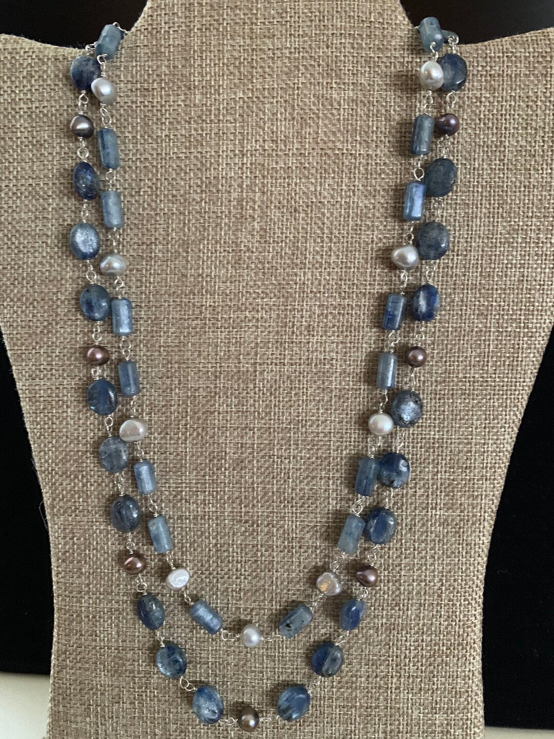 2 Strands of Blue Oval Kyanite, Tube Kyanite, Grey Freshwater Pearls ...