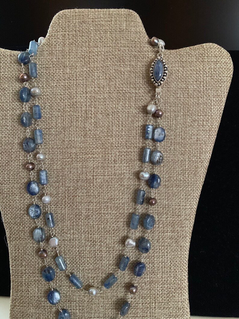 2 Strands of Blue Oval Kyanite, Tube Kyanite, Grey Freshwater Pearls ...