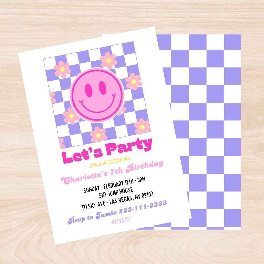 Pink Smiley Face Birthday Invitation, Checkered Party (digital Download ...