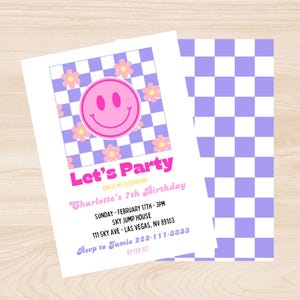 Pink Smiley Face Birthday Invitation, Checkered Party (digital Download ...