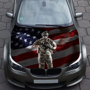 Soldier With American Flag Wings Car Hood Wrap Decal, Military Vinyl ...
