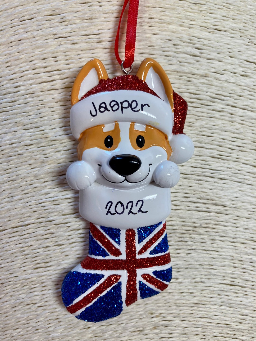 Personalised Cute Corgi Dog in Union Jack Stocking Glitter Individual ...