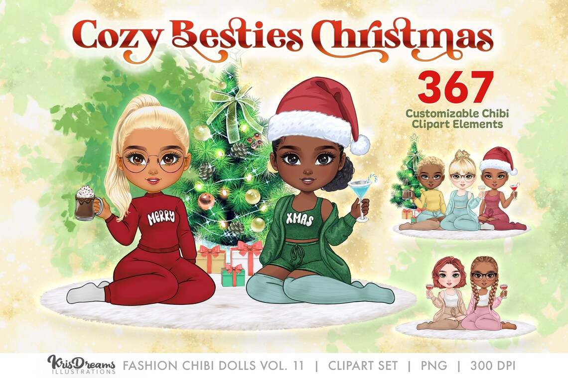 Christmas Chibi Best Friends Clipart | Cute Chibi Souls Sisters Sitting ...