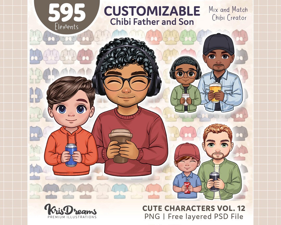 Adorable Chibi Father and Son Clipart Pack: Including Dad and Male Kid ...