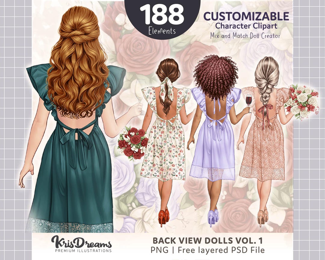 Customizable Back View Doll Clipart PNG PSD, Boho Summer Fashion ...