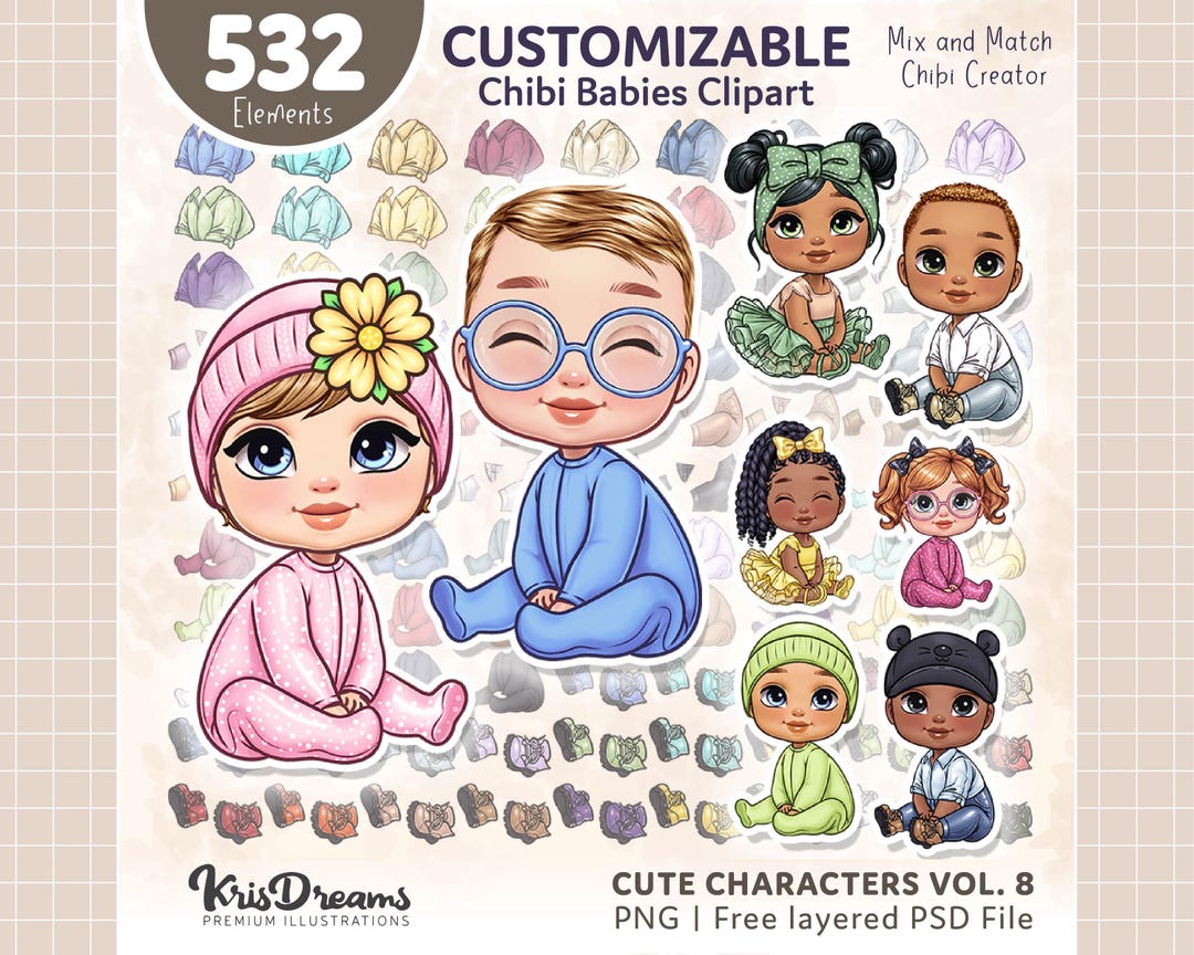Customizable Chibi Baby Clipart Bundle PNG PSD | Mix and Match Baby ...