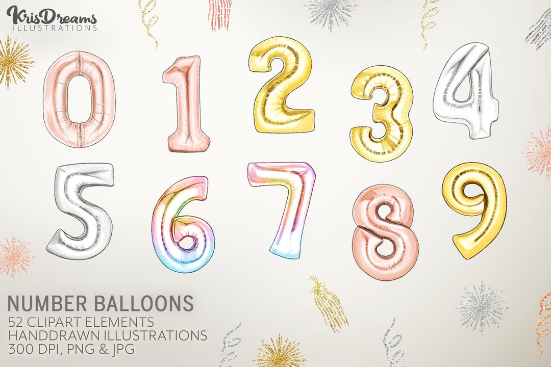 Number Balloon Clip Art, Handdrawn Clip Art, Party Clipart, Foil ...