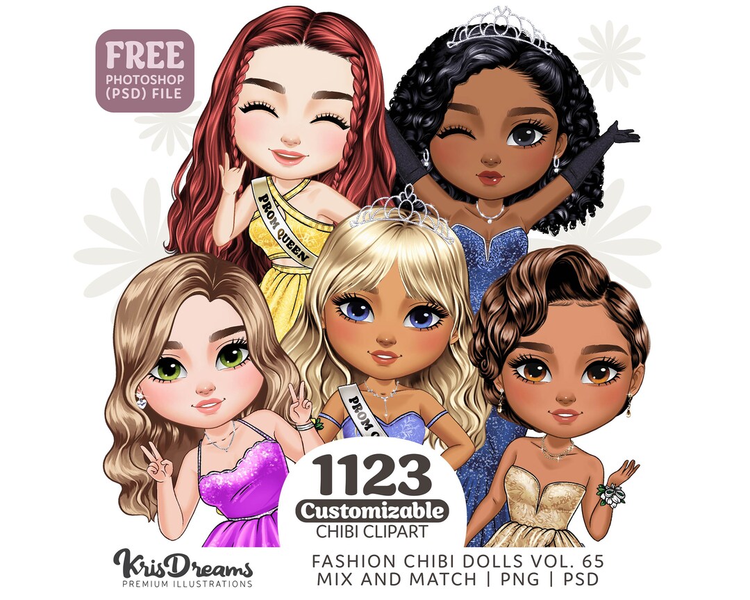 Prom Girls PNG Bundle | Chibi Customizable Clipart | Cartoon Women Gown ...