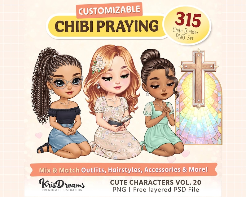 Customizable Chibi Praying Clipart PNG | Christian Girl Prayer ...