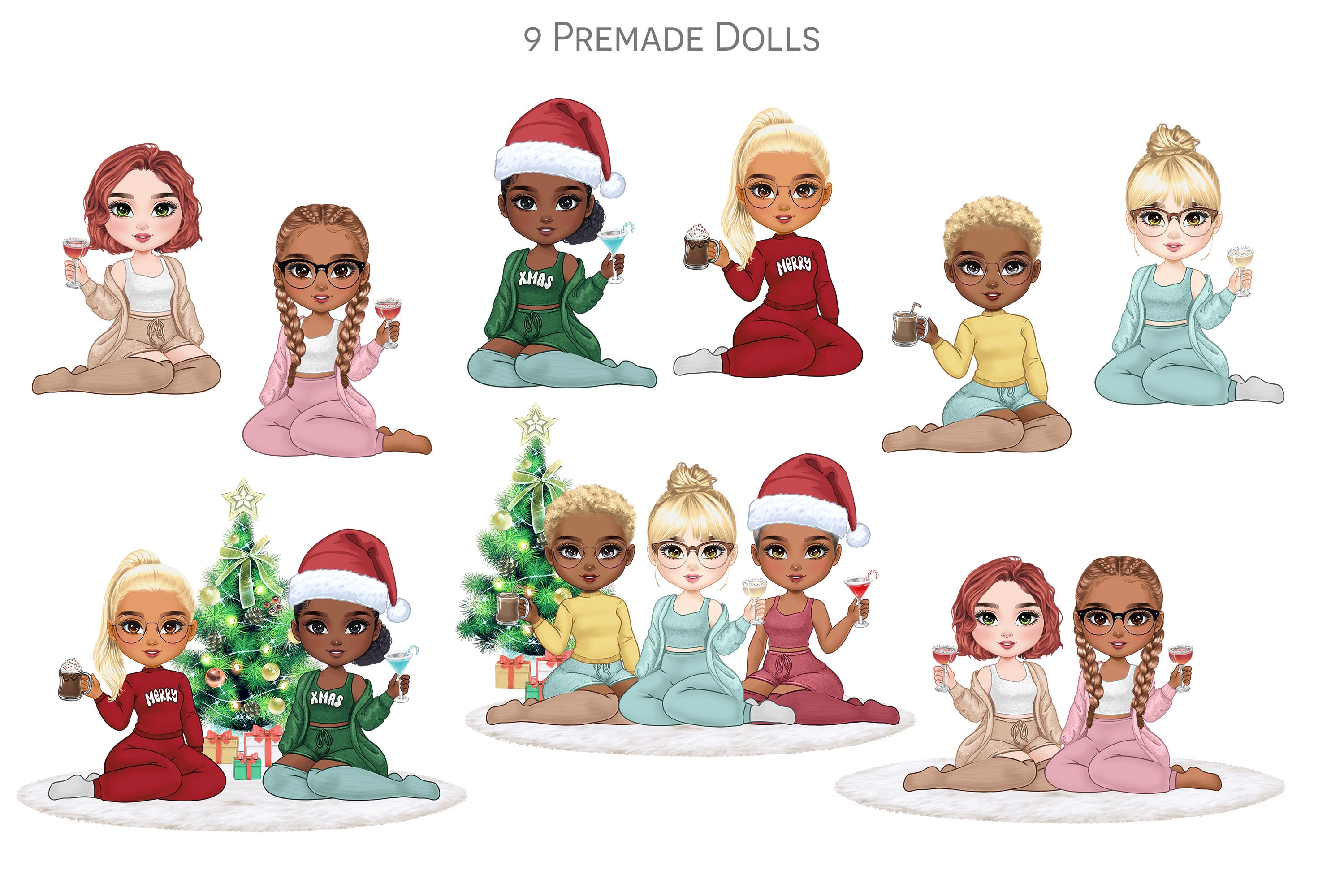 Christmas Chibi Best Friends Clipart | Cute Chibi Souls Sisters Sitting ...