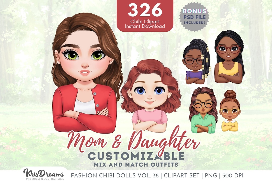 Chibi Style Mother and Daughter Clipart Set for Mother's Day Gift, Mix ...
