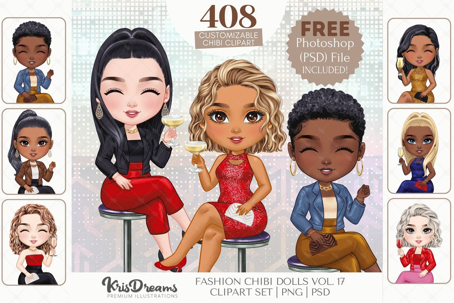 Chibi Best Friends Drinking Cocktail Clipart | Chibi Souls Sisters ...