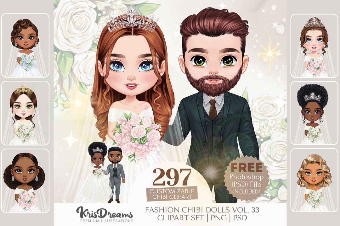 Wedding Day Clipart | Bride and Groom Chibi in Customizable Hair and ...