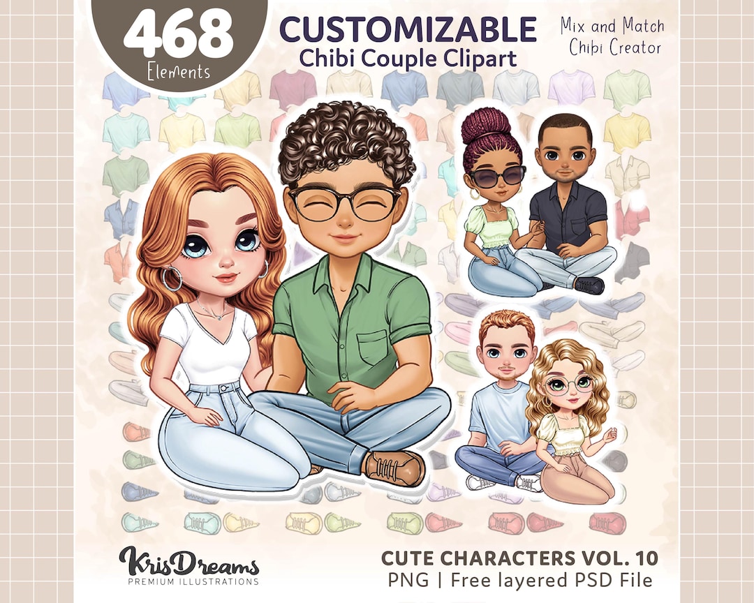 Customizable Chibi Couple Clipart Bundle PNG | PSD Digital Character ...