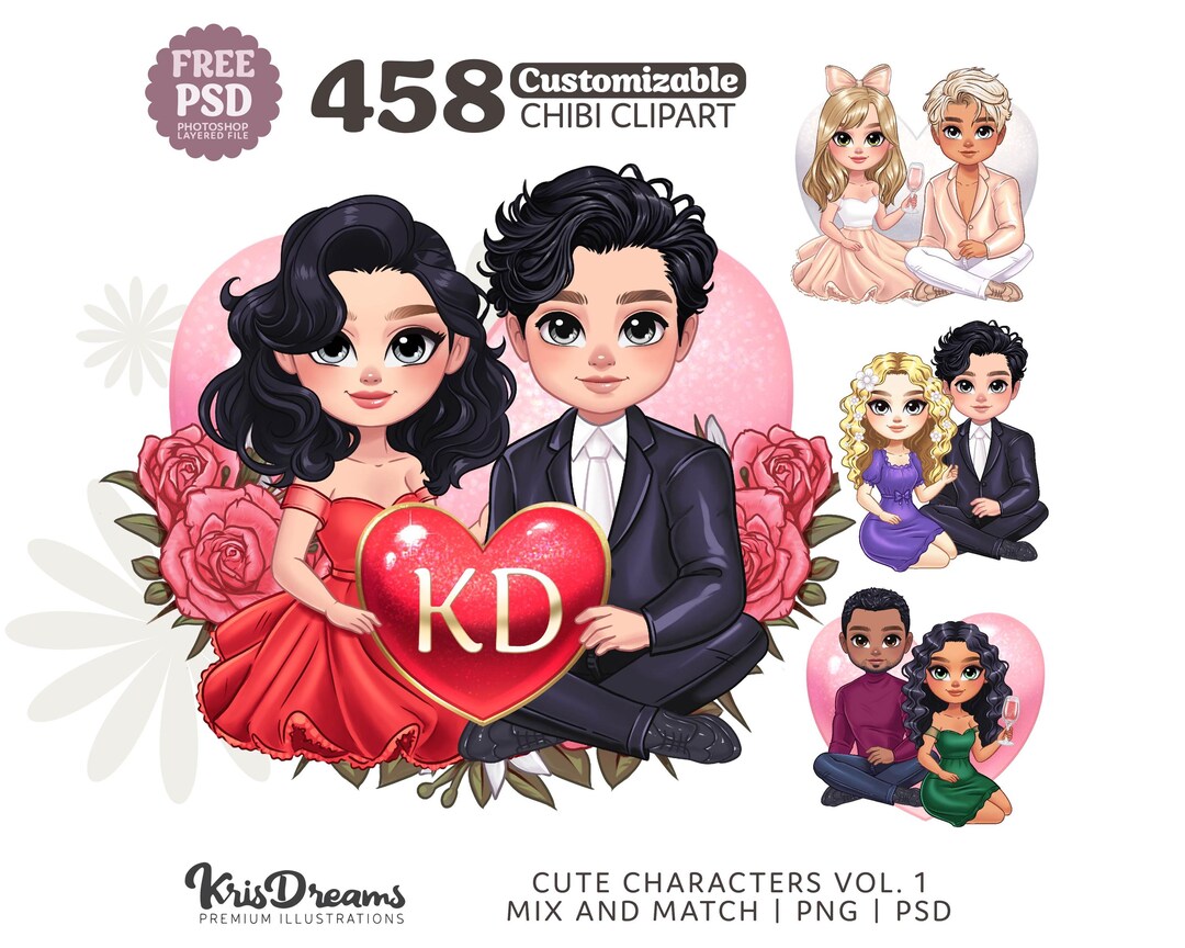 Valentine Chibi Clipart - Romantic Couple PNG | Customizable Characters ...