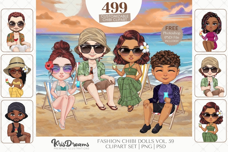 Customizable Chibi Couple and Best Friends Clipart, Summer Beach ...