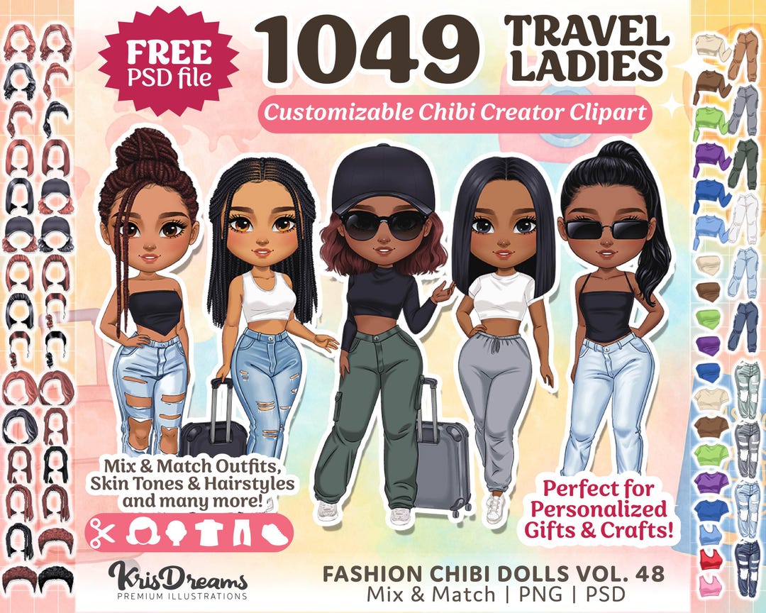 Chibi Best Friends Clipart Girls Trip Travel Customizable Characters ...
