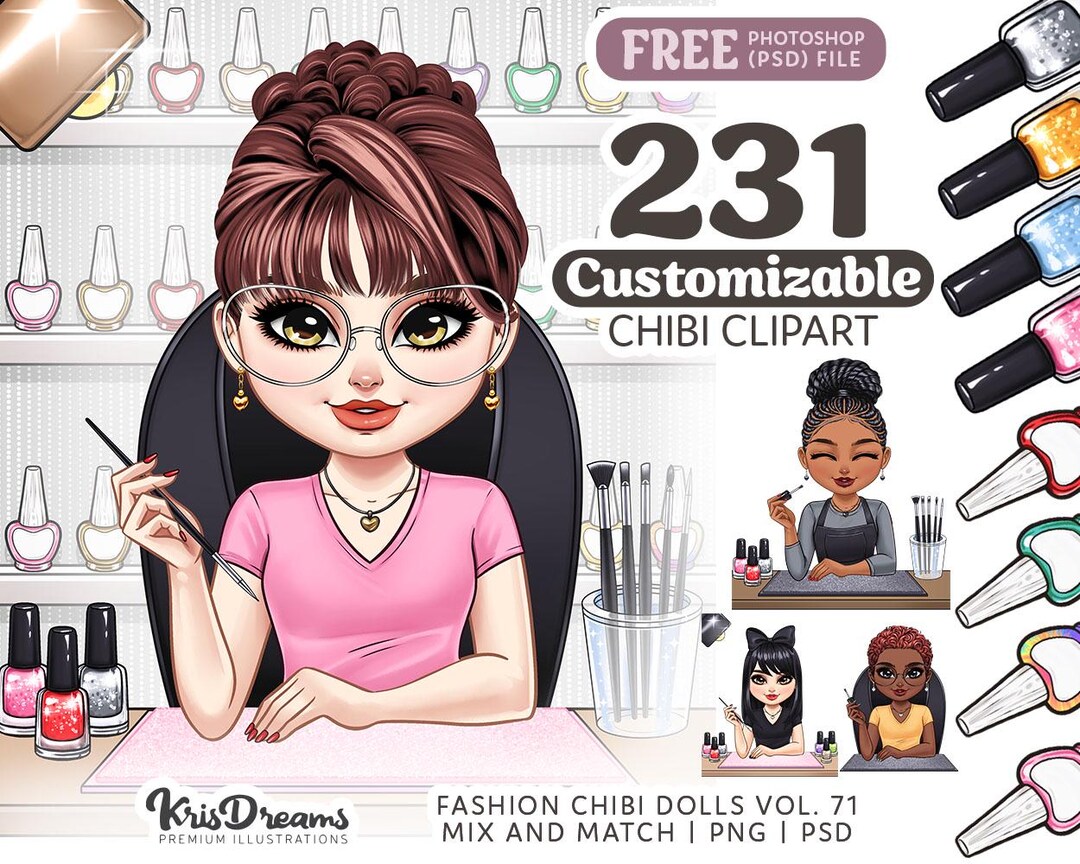 Nail Salon Chibi Clipart - Customizable Nail Art Ladies, Businesswoman ...
