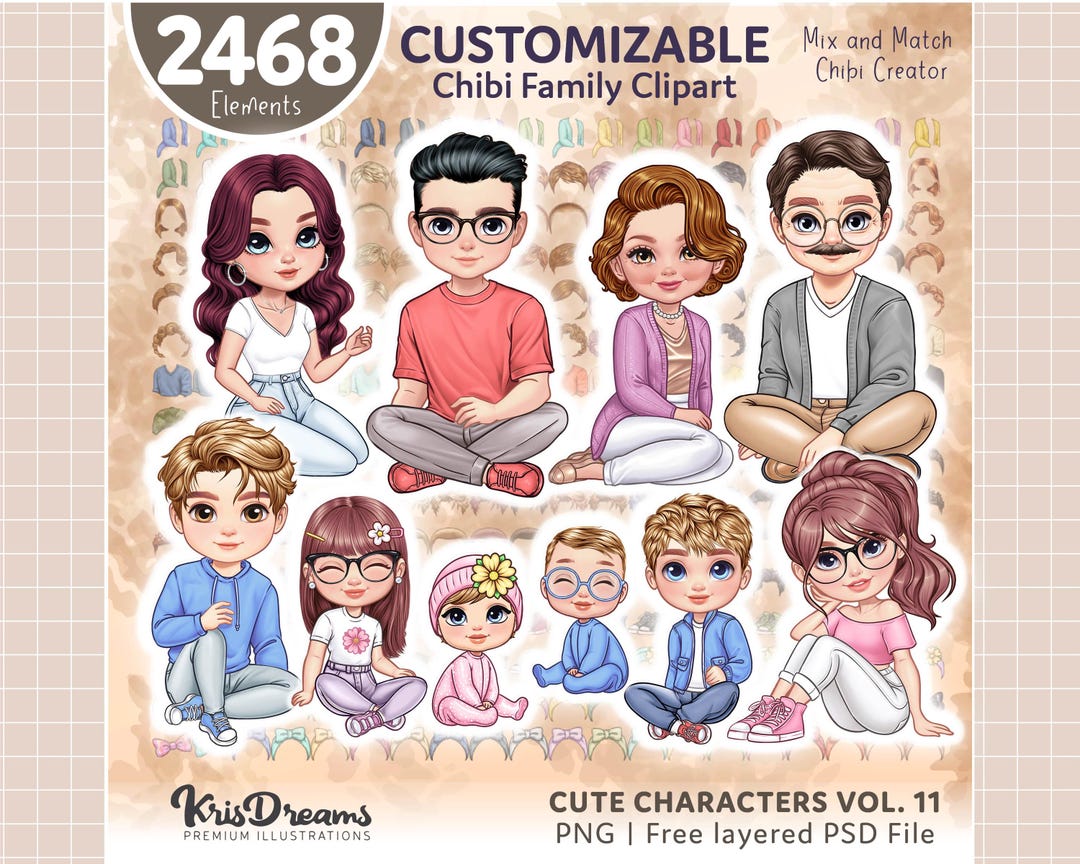 Chibi Family Clipart Bundle - Customizable Kids, Baby, Mom ...