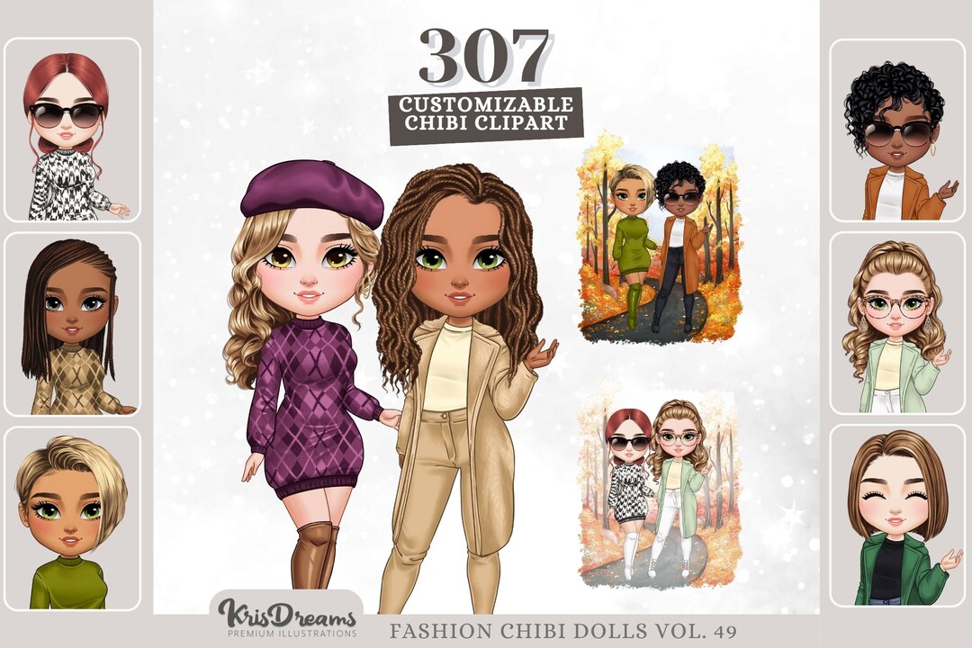 Cozy Autumn Chibi Clipart, Fall Fashion Best Friends Customizable Pngs ...