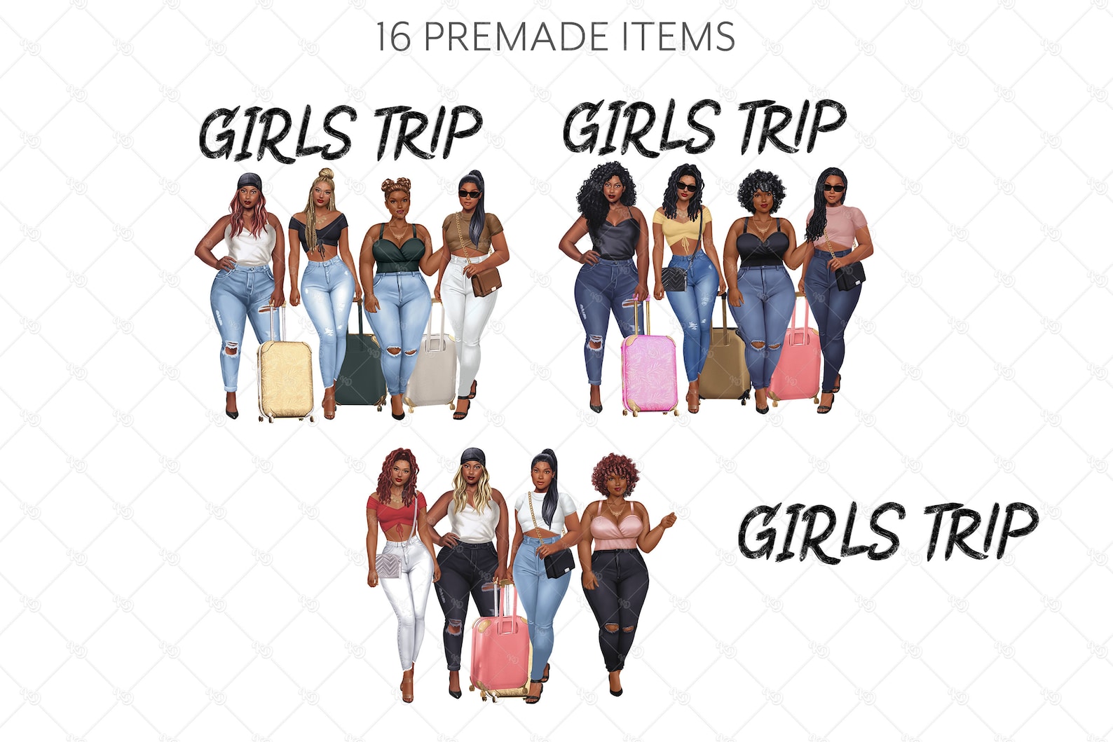 Girls Trip Clipart Bundle - Customizable African American Women, Curvy ...