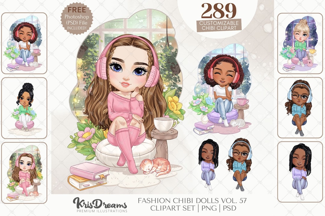 Chibi Girls Customizable Clipart, Music and Chill Lady Png, Woman ...
