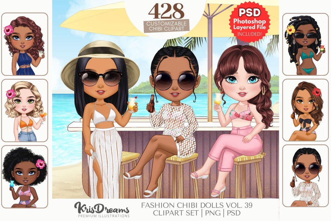 Travel Beach Girls Clipart | Ladies Trip Customizable PNG and PSD Chibi ...