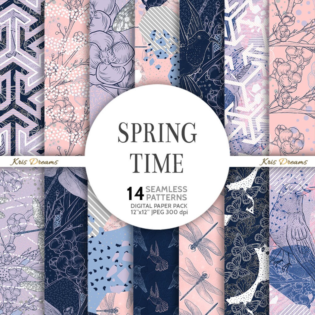 Spring Floral Digital Paper Seamless Pattern Flower Dragonfly ...