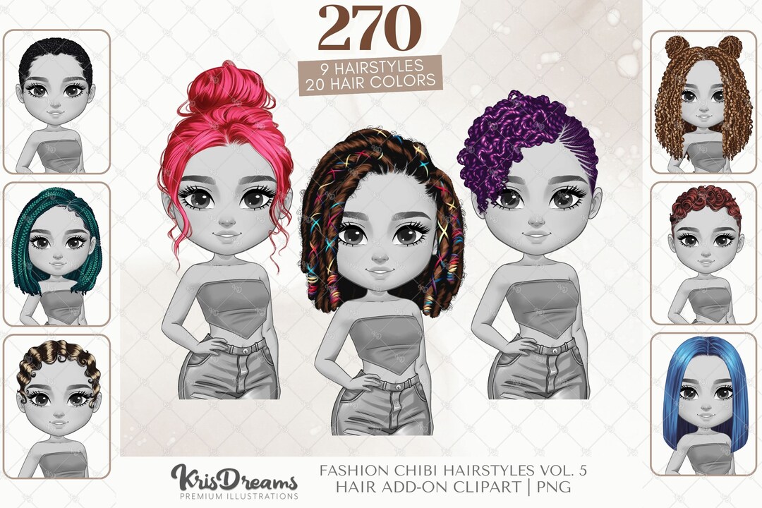 Chibi Hair Add On Hairstyle Png Clipart Bundle Afro Hair Curly Braids Natural Locs Digital